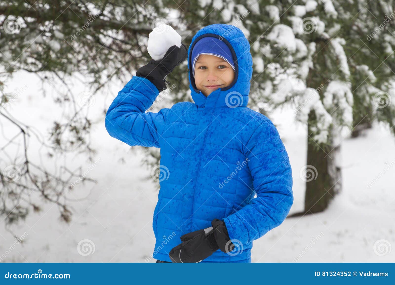 Boy Throw Snowball. Wintertime Fun Stock Photo - Image of happy, child ...