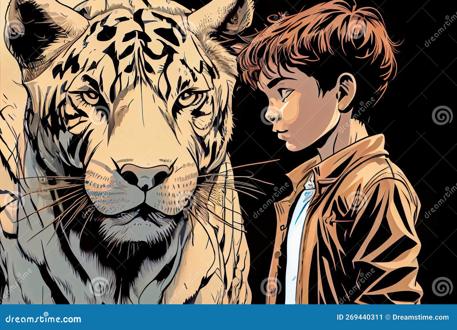 Boy and Tiger Cartoon. Generative AI Stock Illustration - Illustration ...