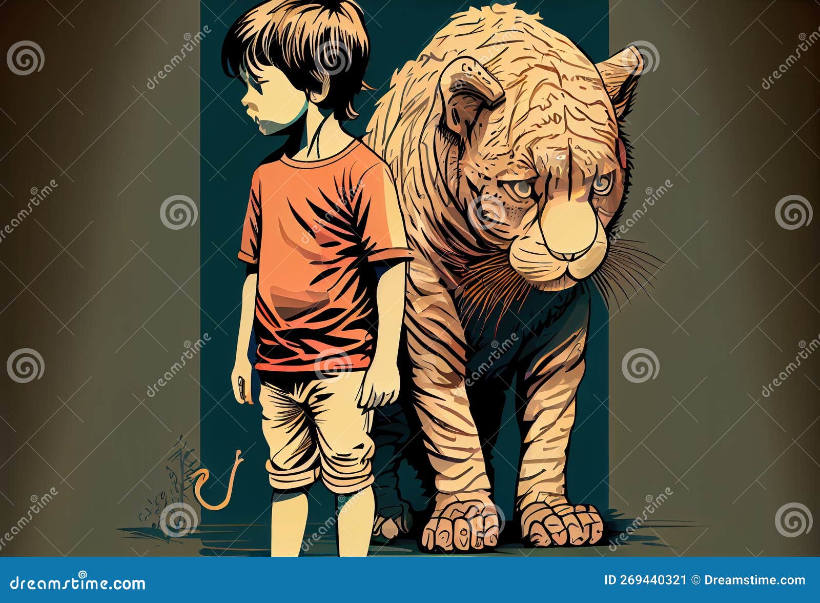 Boy and Tiger Cartoon. Generative AI Stock Illustration - Illustration ...