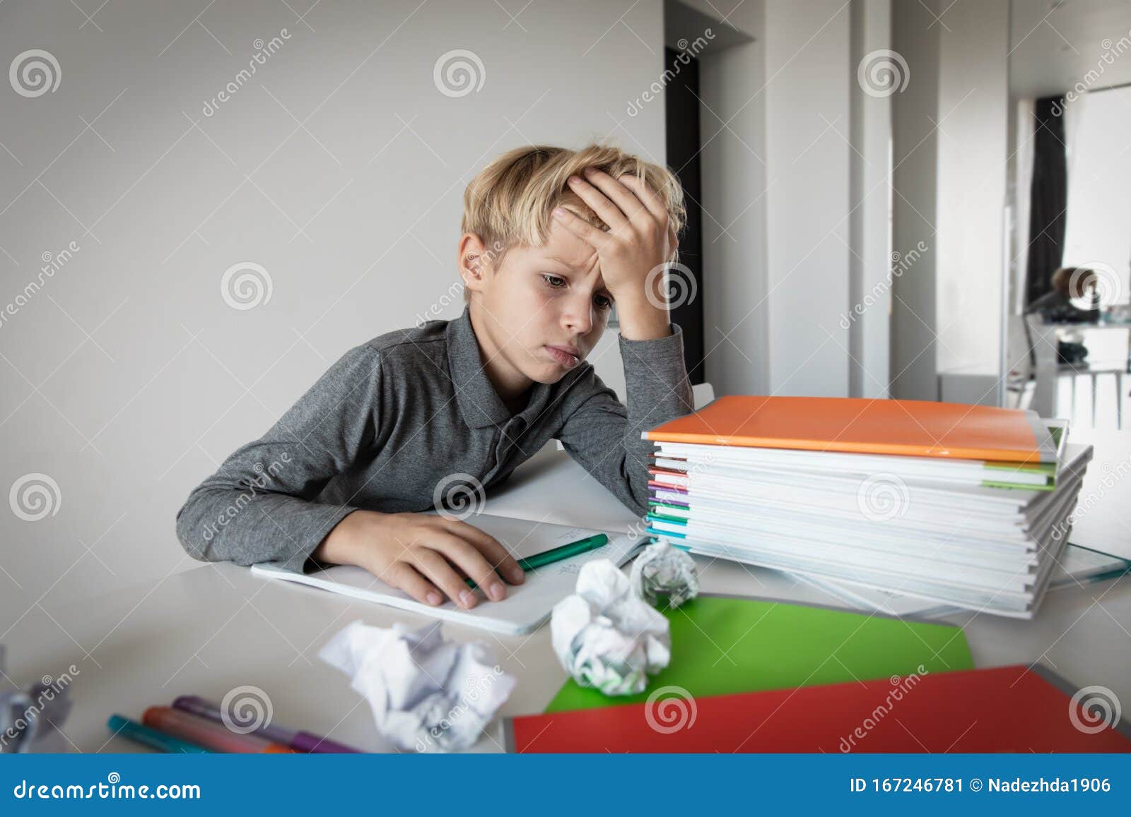 Boy Tired and Stressed of Doing Homework, Bored, Exhausted Stock Image ...