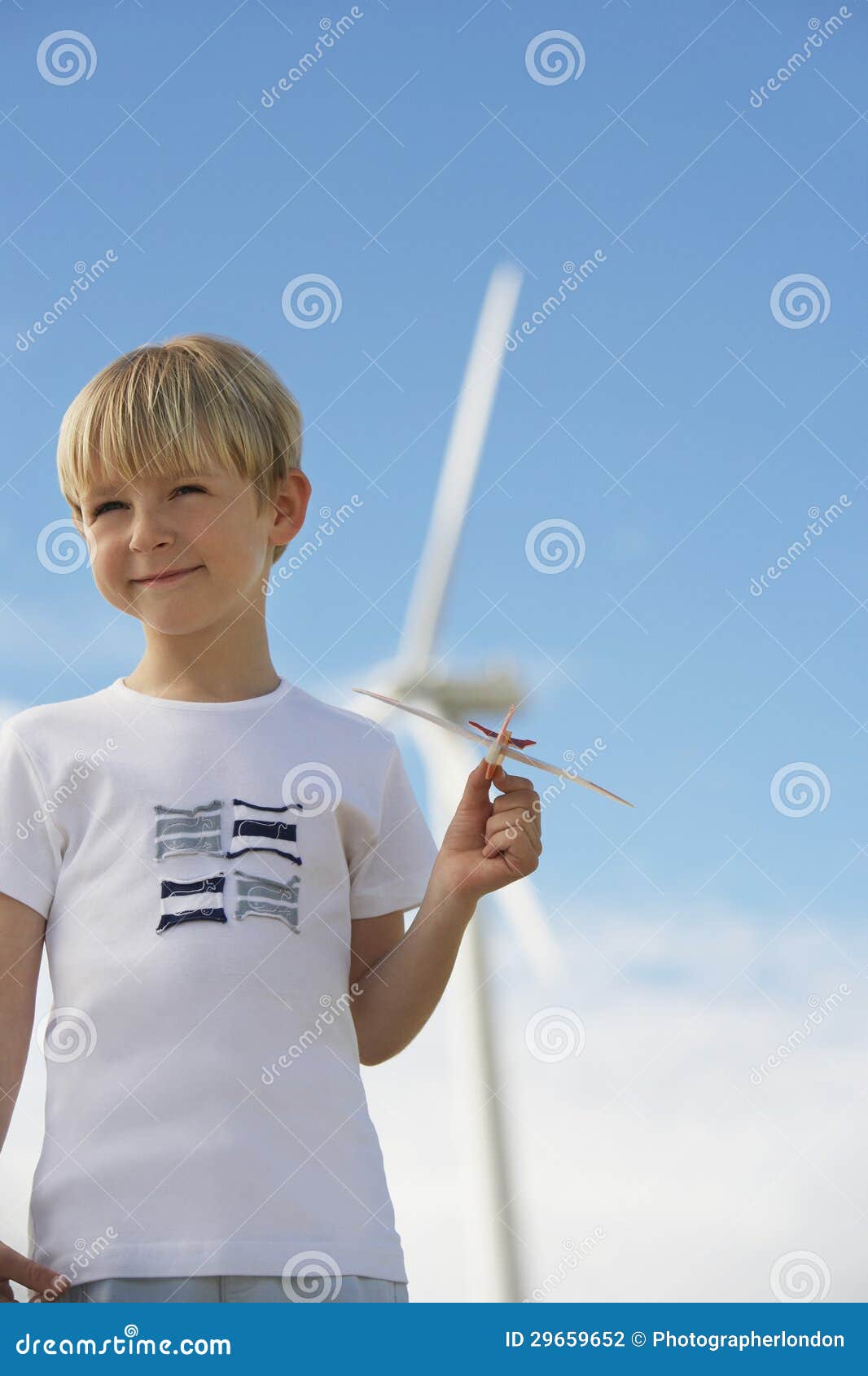 Boy with Toy Glider at Wind Farm Stock Photo - Image of enjoyment ...
