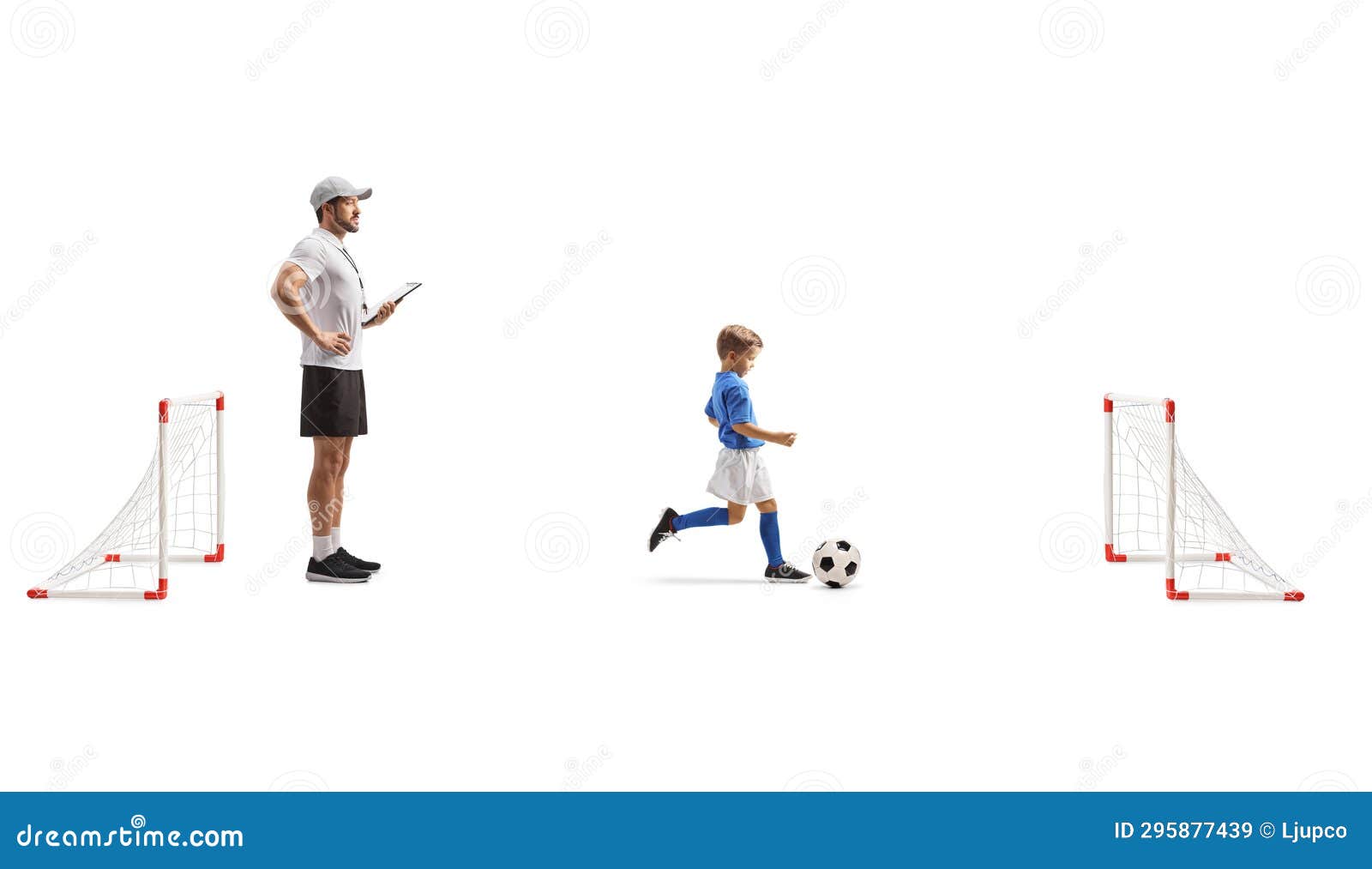 Boy Training Football with a Coach between Mini Goals Stock Image ...