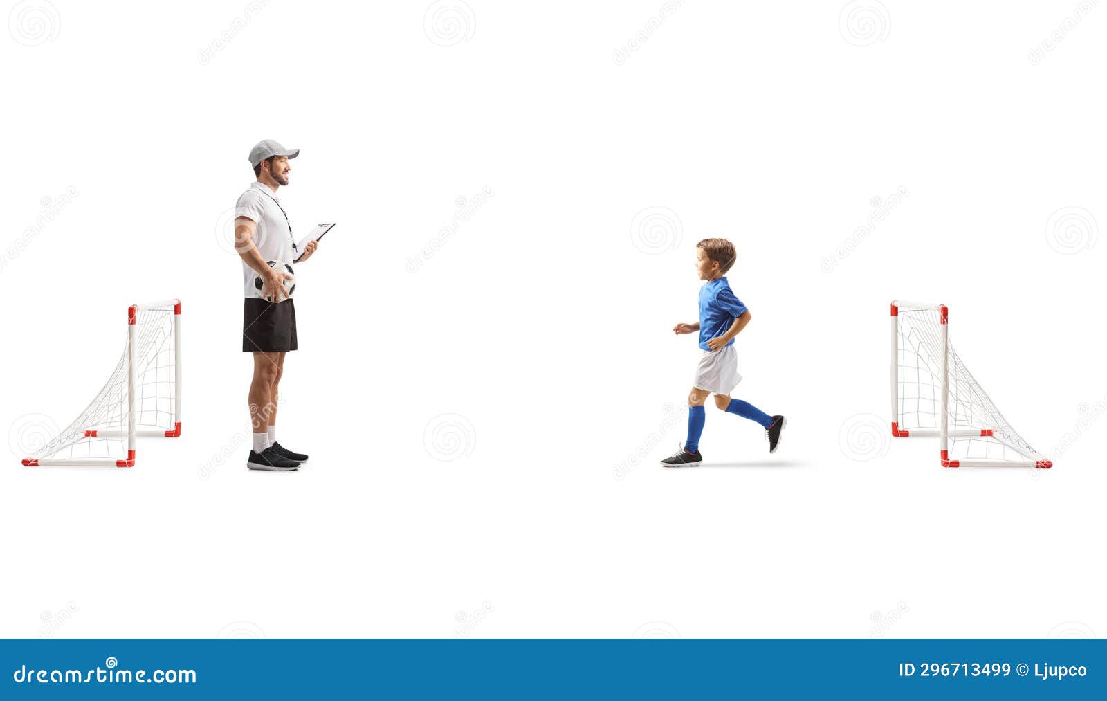 Boy Training Football with a Coach on Mini Goals Stock Image - Image of ...