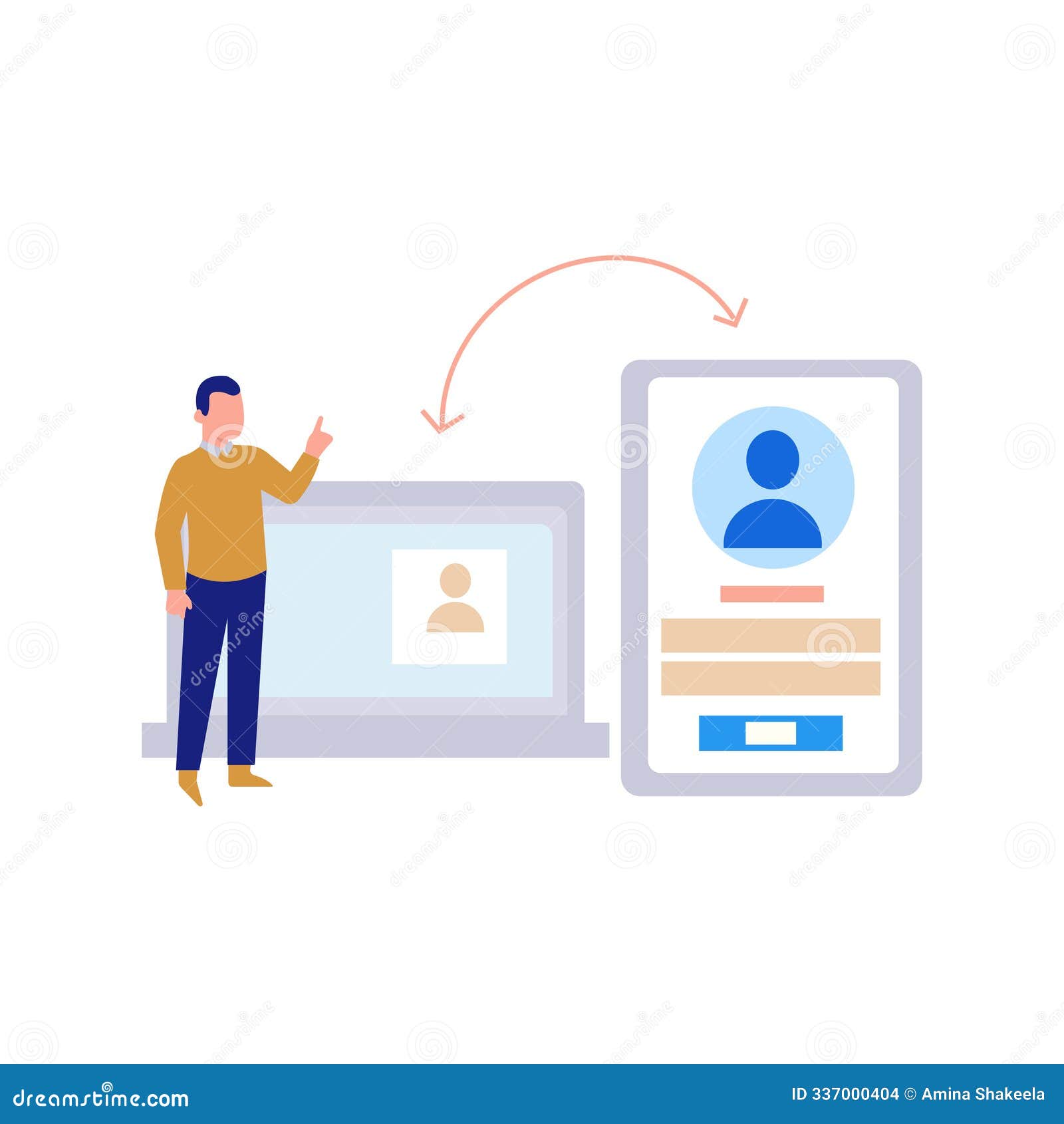 A Boy is Transferring Profiles from Laptop To Mobile Stock Illustration ...