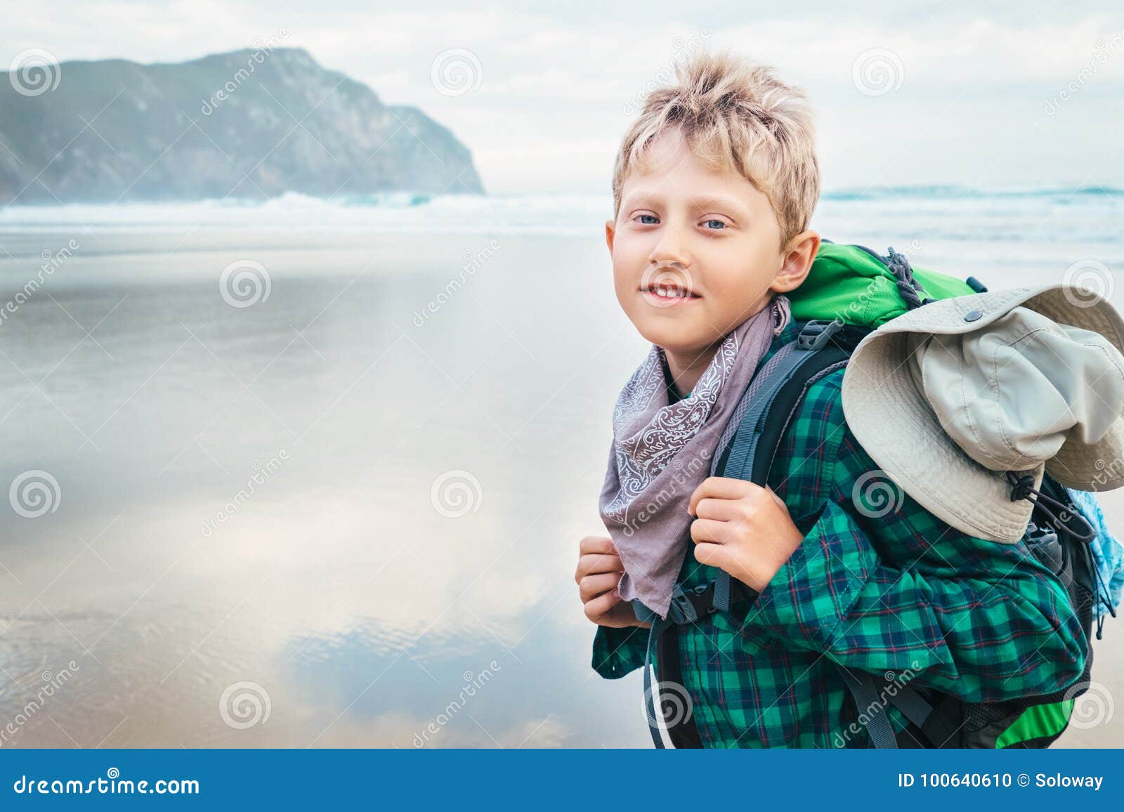 Boy Traveler with Backpack on Ocean Beach at the Erly Morning Stock ...