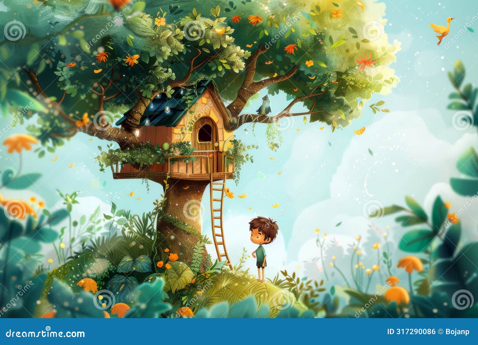 Boy and Tree House Cartoon Like Illustration Stock Illustration ...