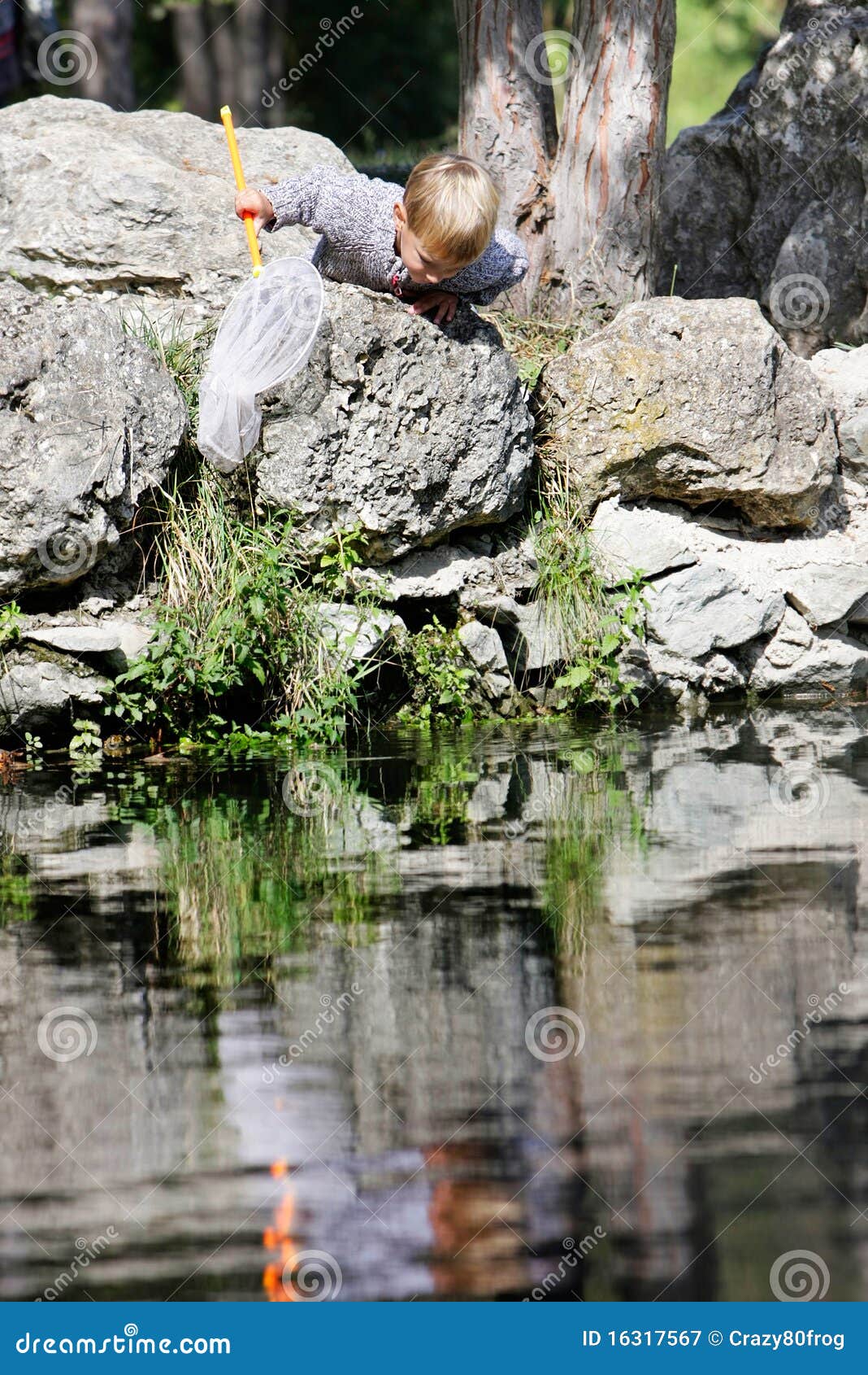 Boy Trying To Catch A Fish In Forest Lake Stock Image - Image of ...