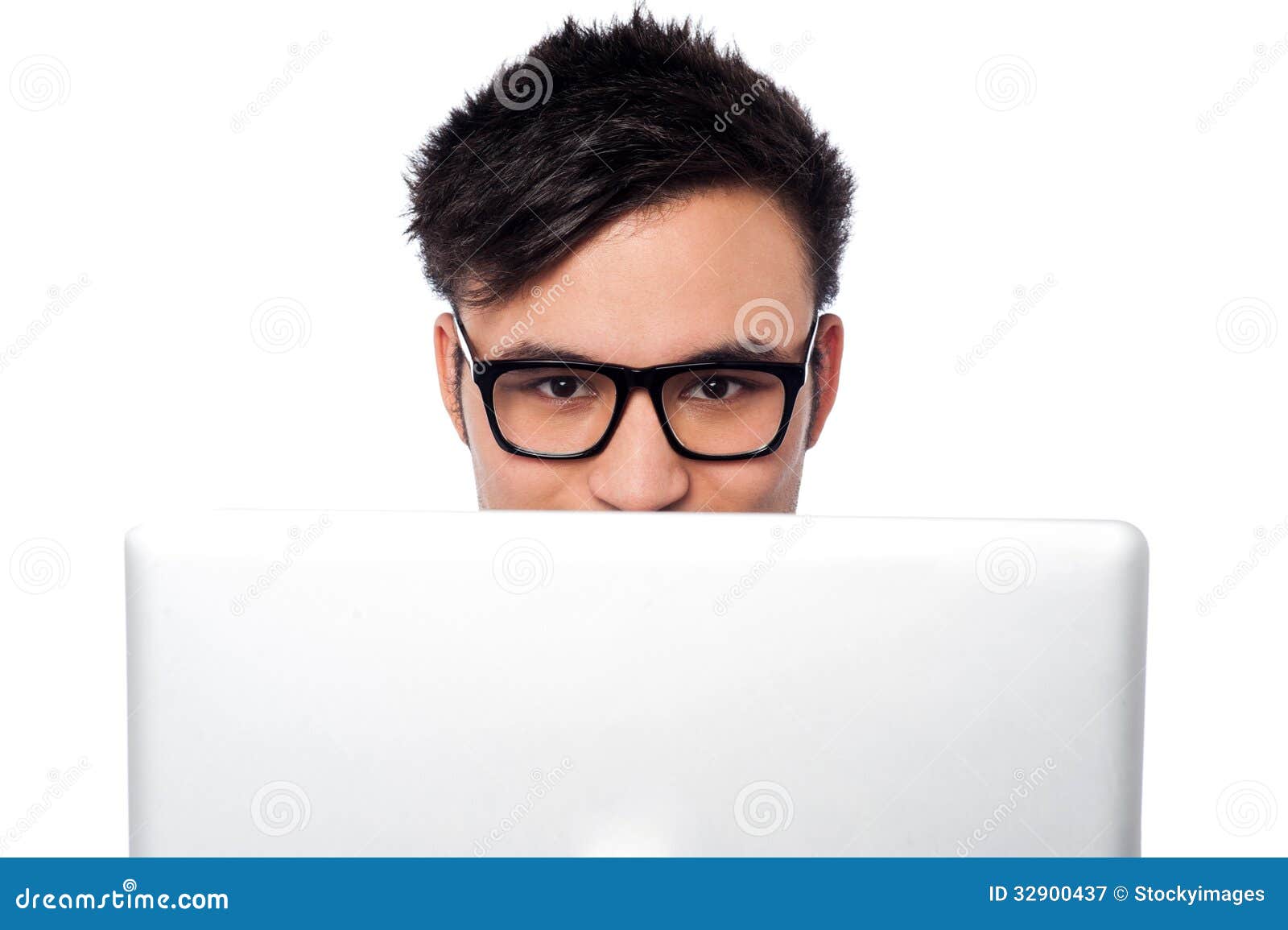 Boy Trying To Hide His Face Behind Laptop Stock Image - Image of ...