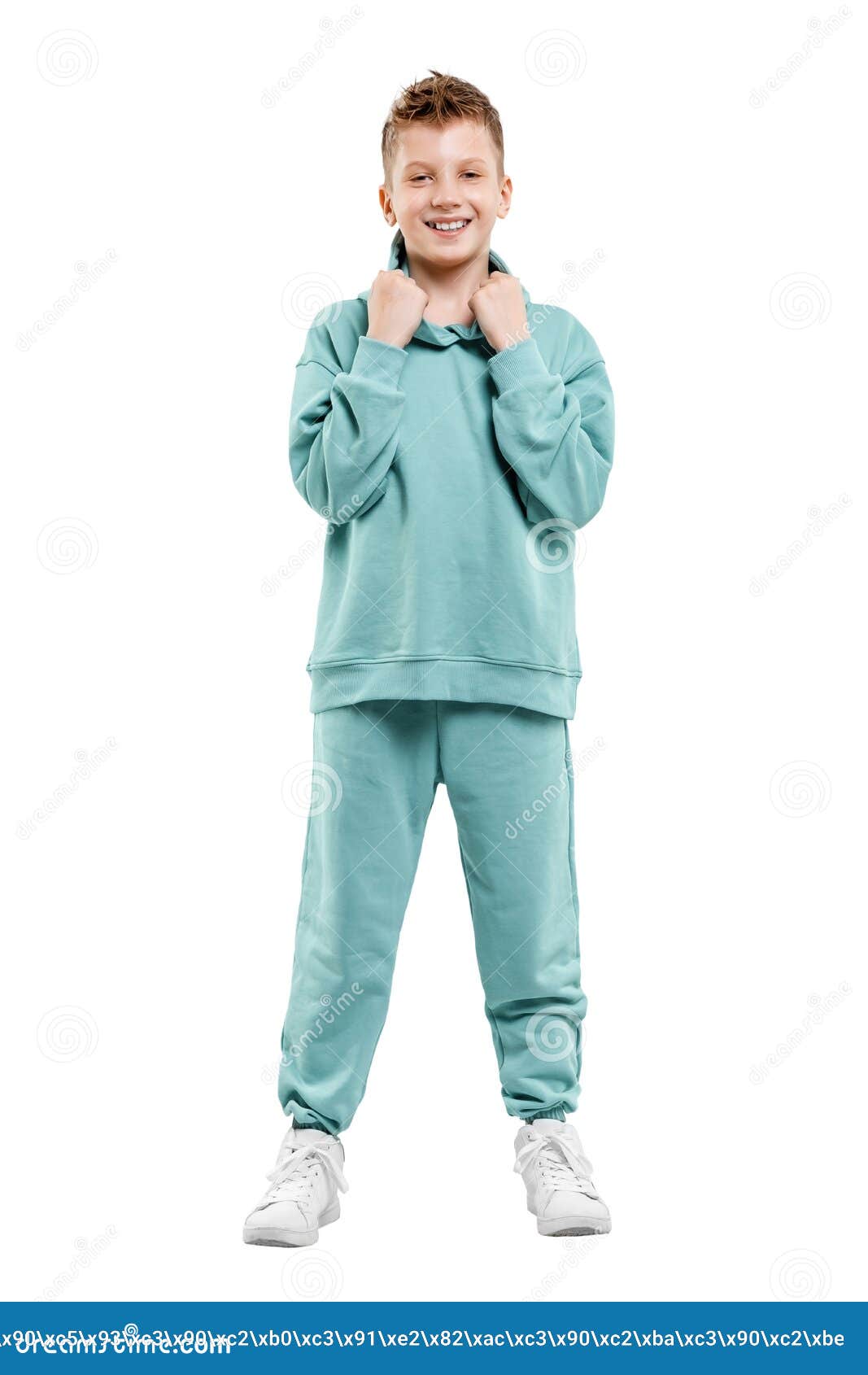 Boy in Turquoise Blue Tracksuit Isolated on White Background Stock ...