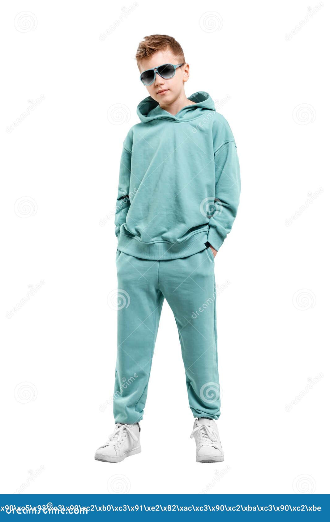 Boy in Turquoise Blue Tracksuit Isolated on White Background Stock ...