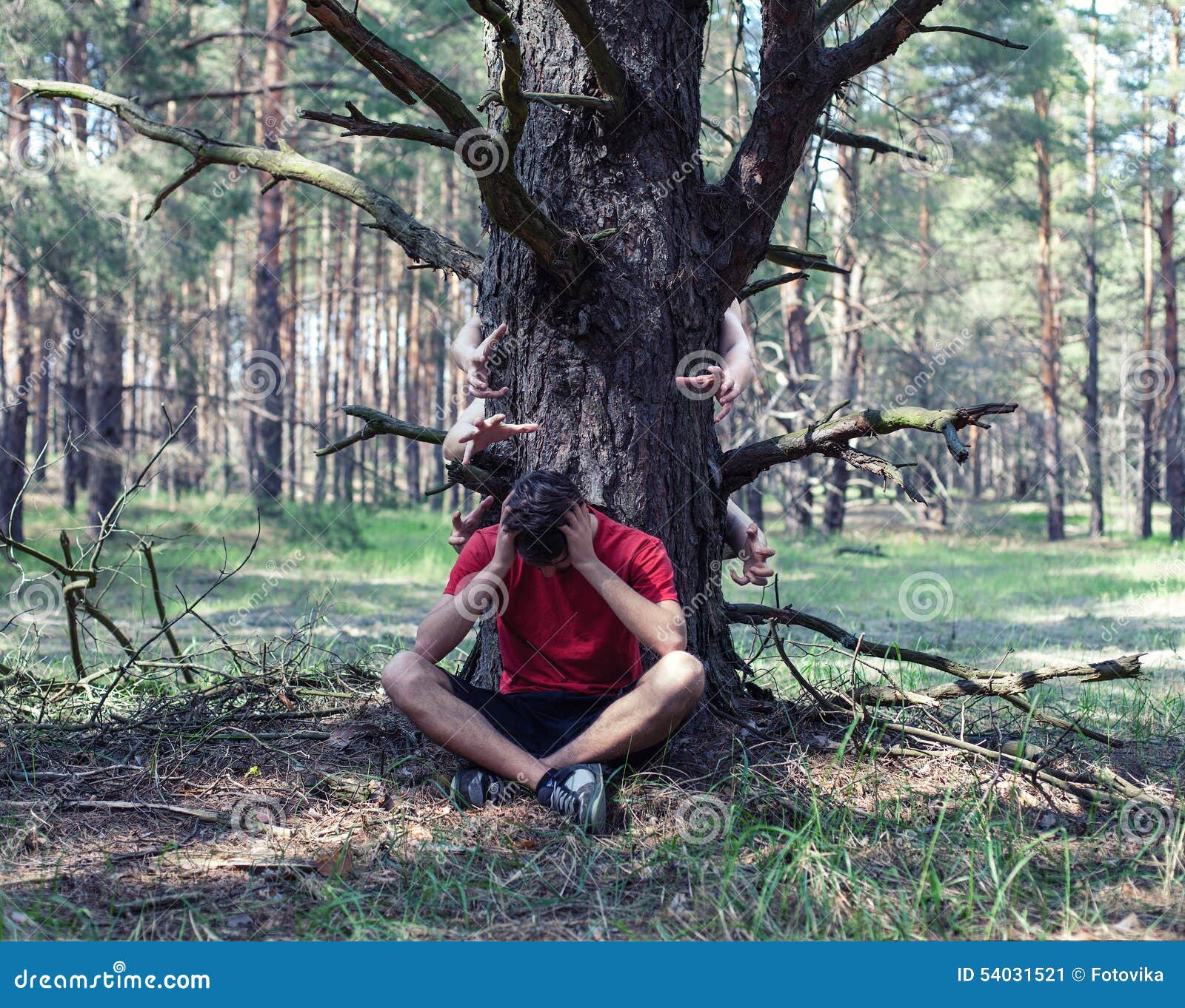 Boy under a tree stock image. Image of hand, male, horrors - 54031521