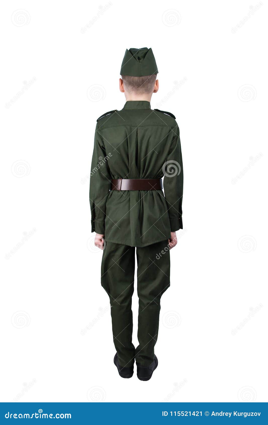 Boy in Uniform Standing at Attention in Back View, Isolated on White ...