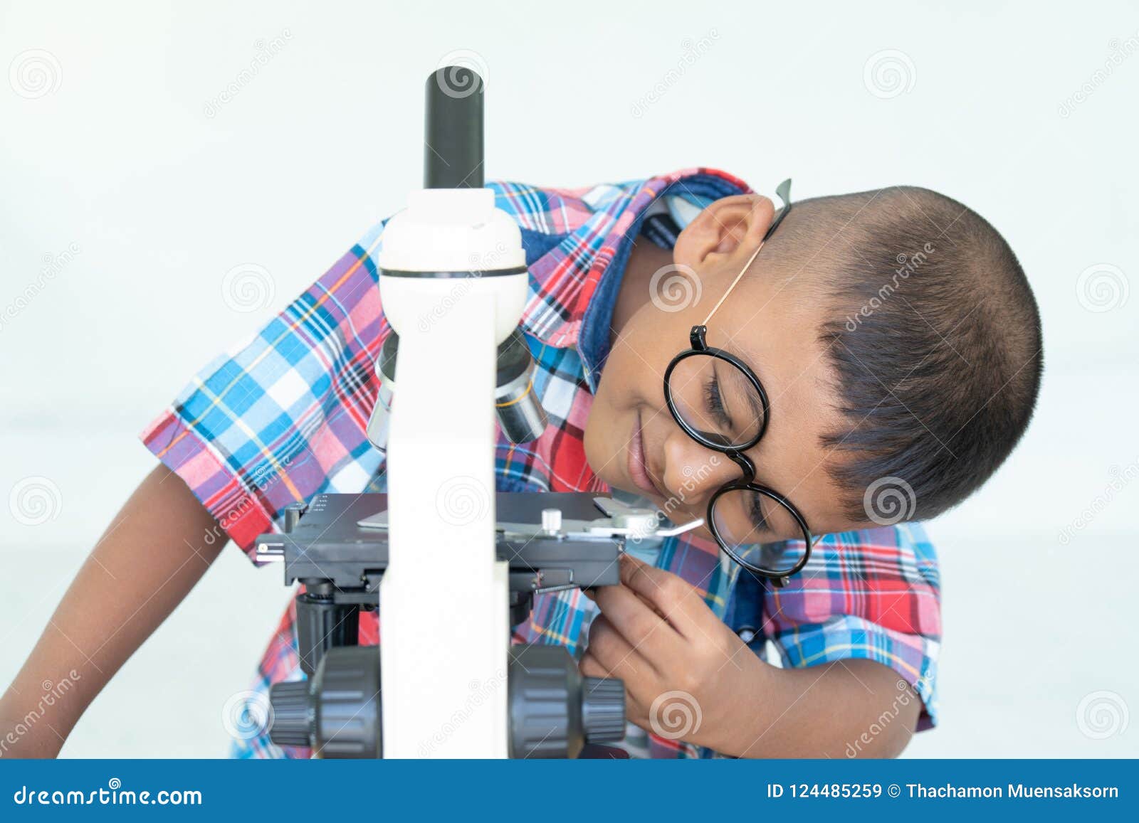 Asian Boy Use Microscope in Lab for Research Stock Image - Image of ...