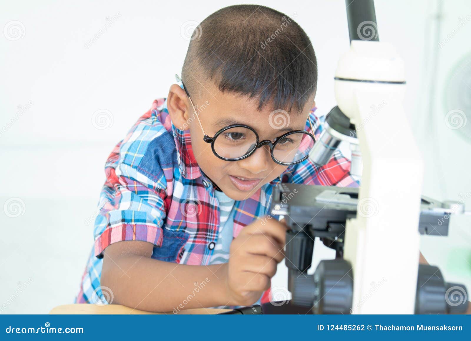 Asian Boy Use Microscope in Lab for Research Stock Photo - Image of ...