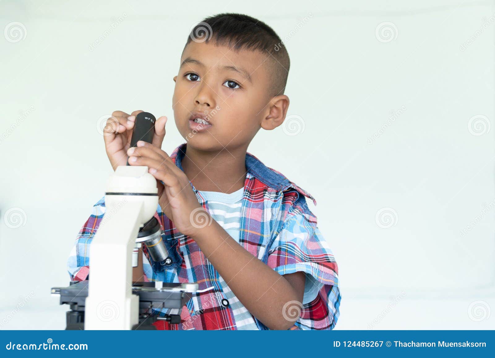 Asian Boy Use Microscope in Lab for Research Stock Image - Image of ...