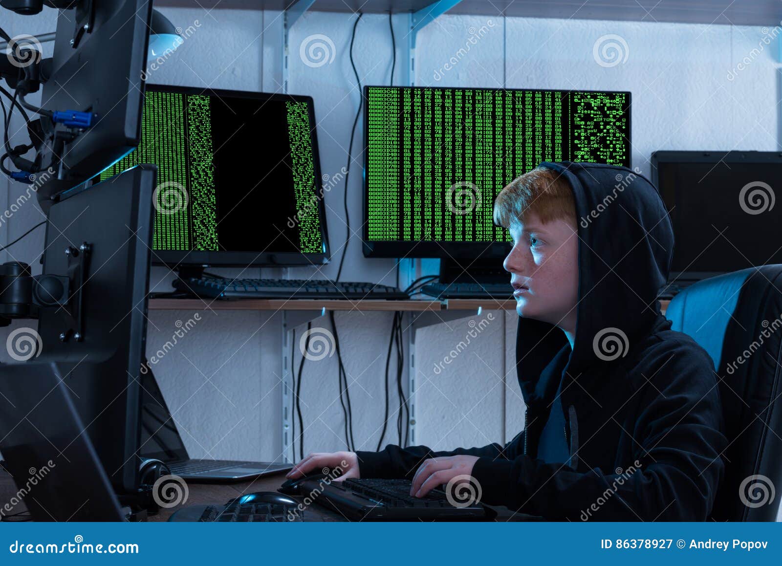 Boy Stealing Information from Multiple Computers Stock Image - Image of ...