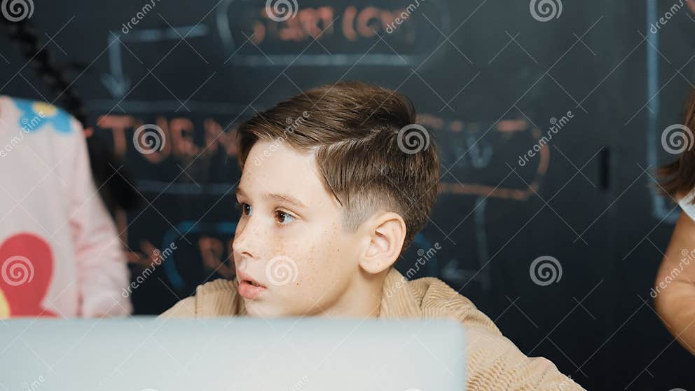 Boy Using Laptop Programing Engineering Code and Writing Program ...