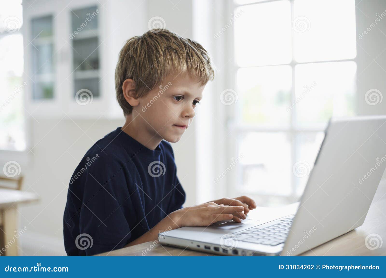 Boy Using Laptop at Table stock photo. Image of computer - 31834202