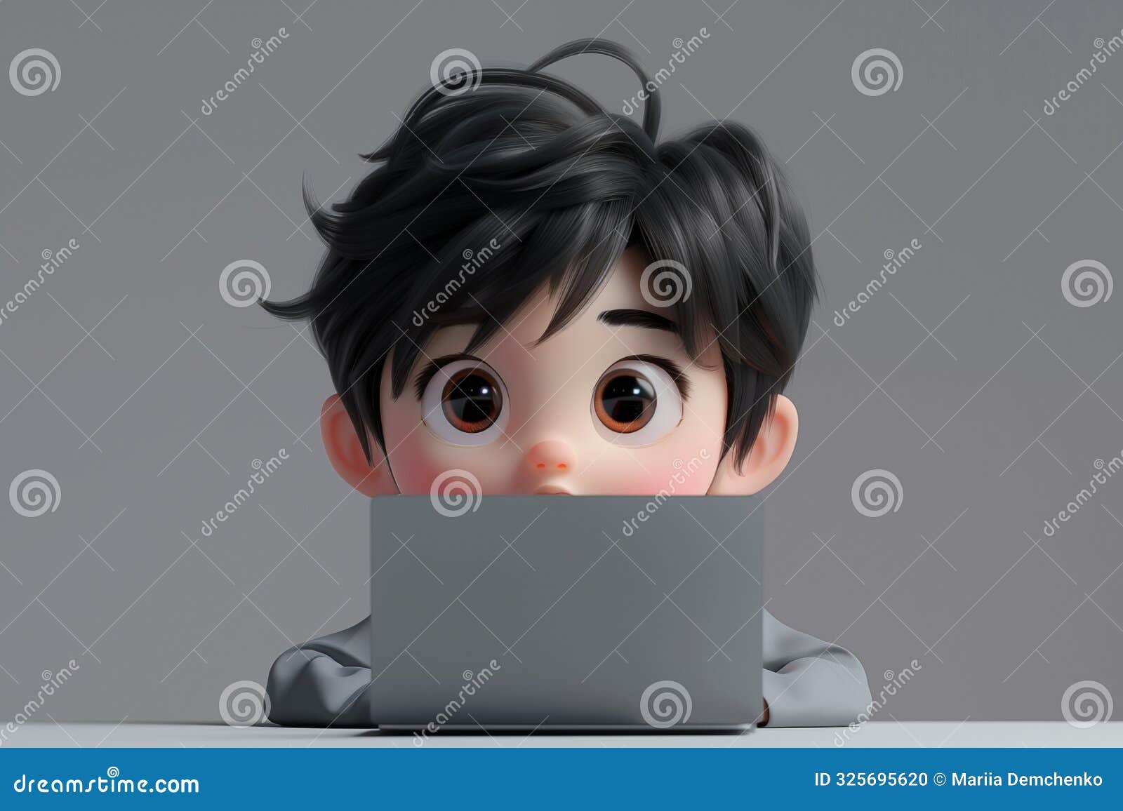 Boy Using Laptop. Young Child with Large Eyes on Computer, Front View ...