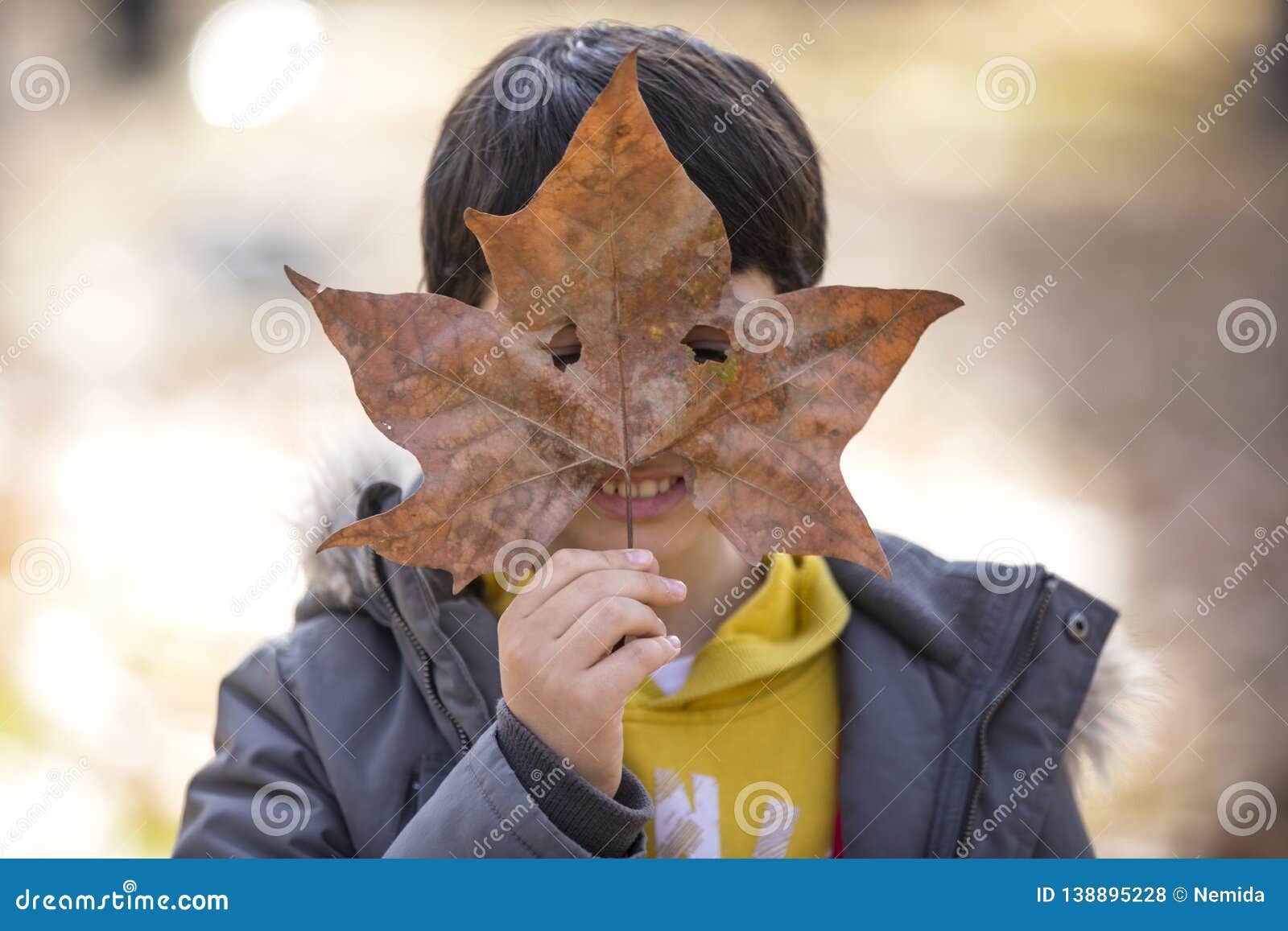 Boy playing with a leaf stock photo. Image of mask, children - 138895228