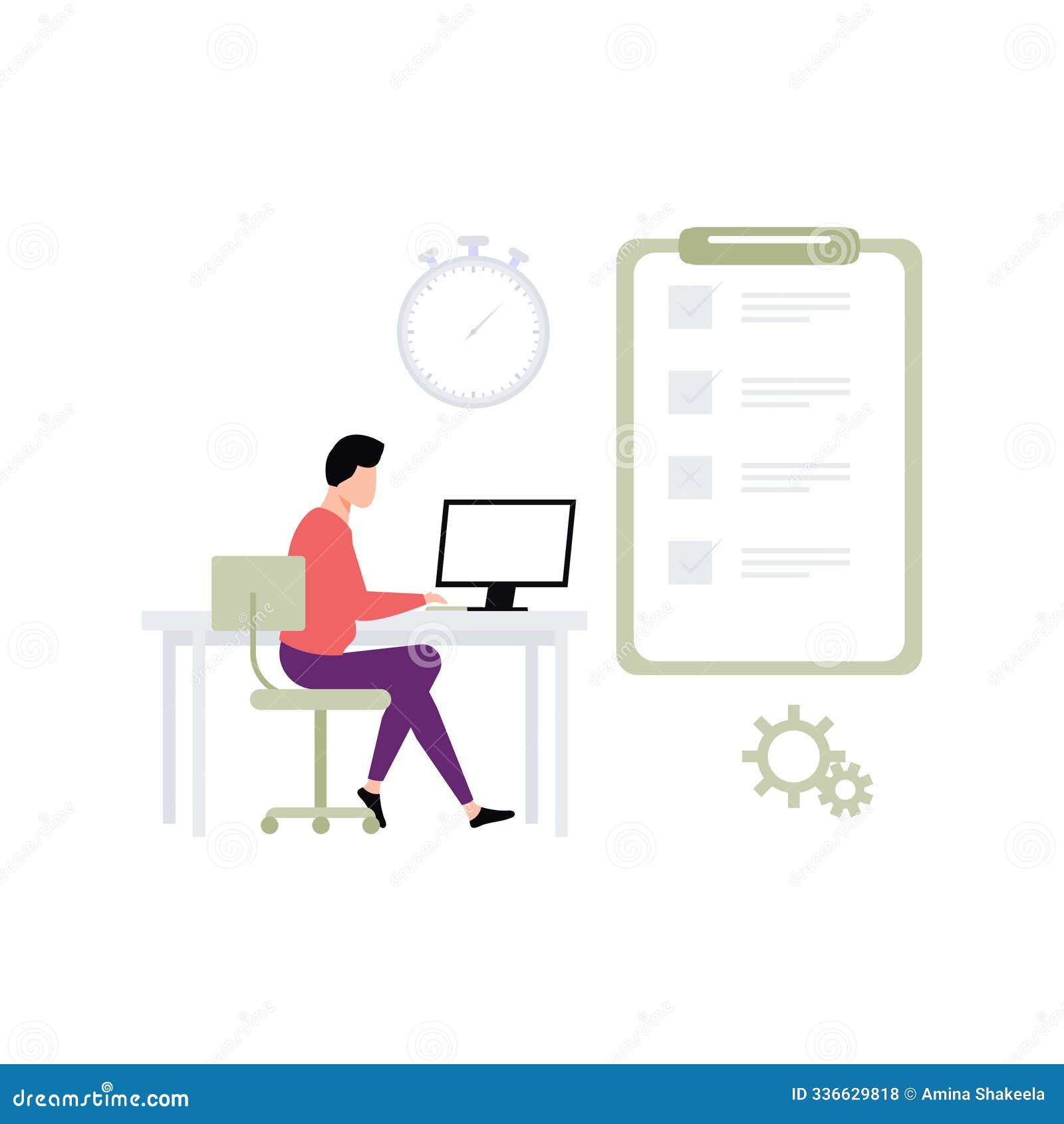 A Boy is Using a Monitor To Set a Checklist Stock Illustration ...