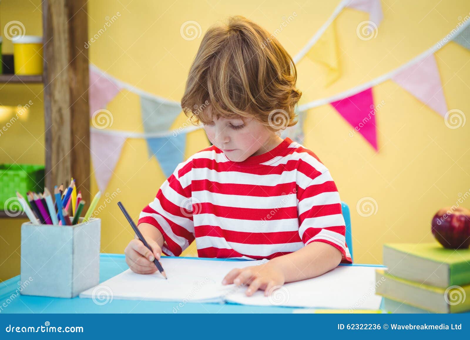 Boy Using a Pencil To Write on Paper Stock Photo - Image of view, away ...