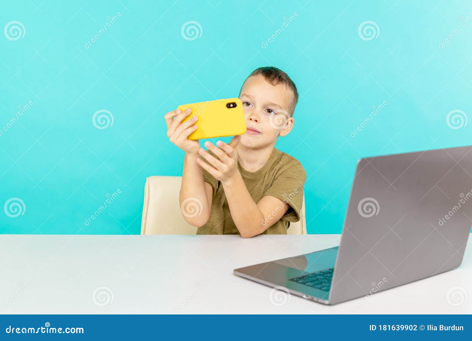 Boy Using Phone for Video Connection To Do His Homework Isolated. Stock ...