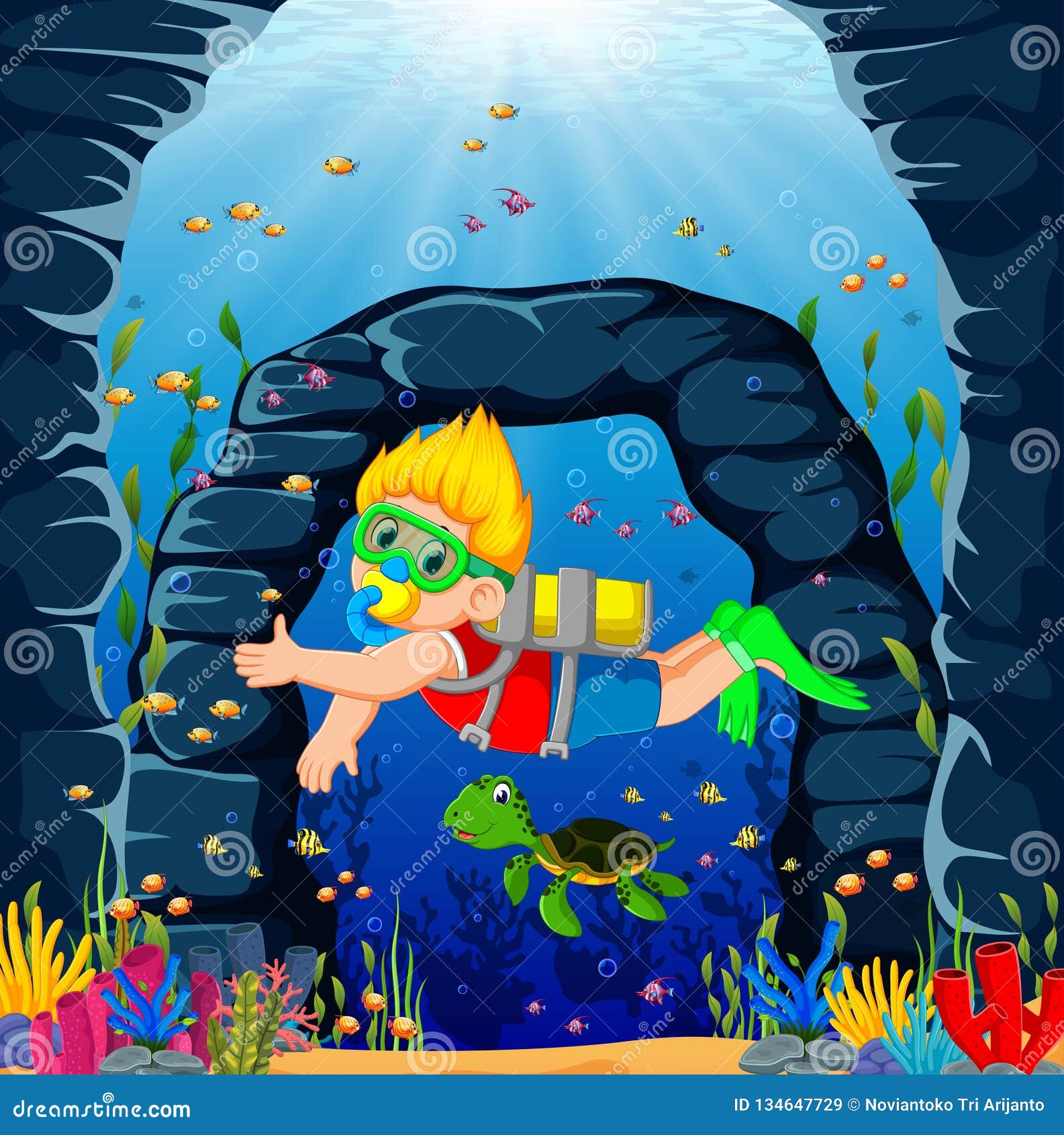 A Boy Using the Red Cloth is Diving with the Green Turtle Stock Vector ...