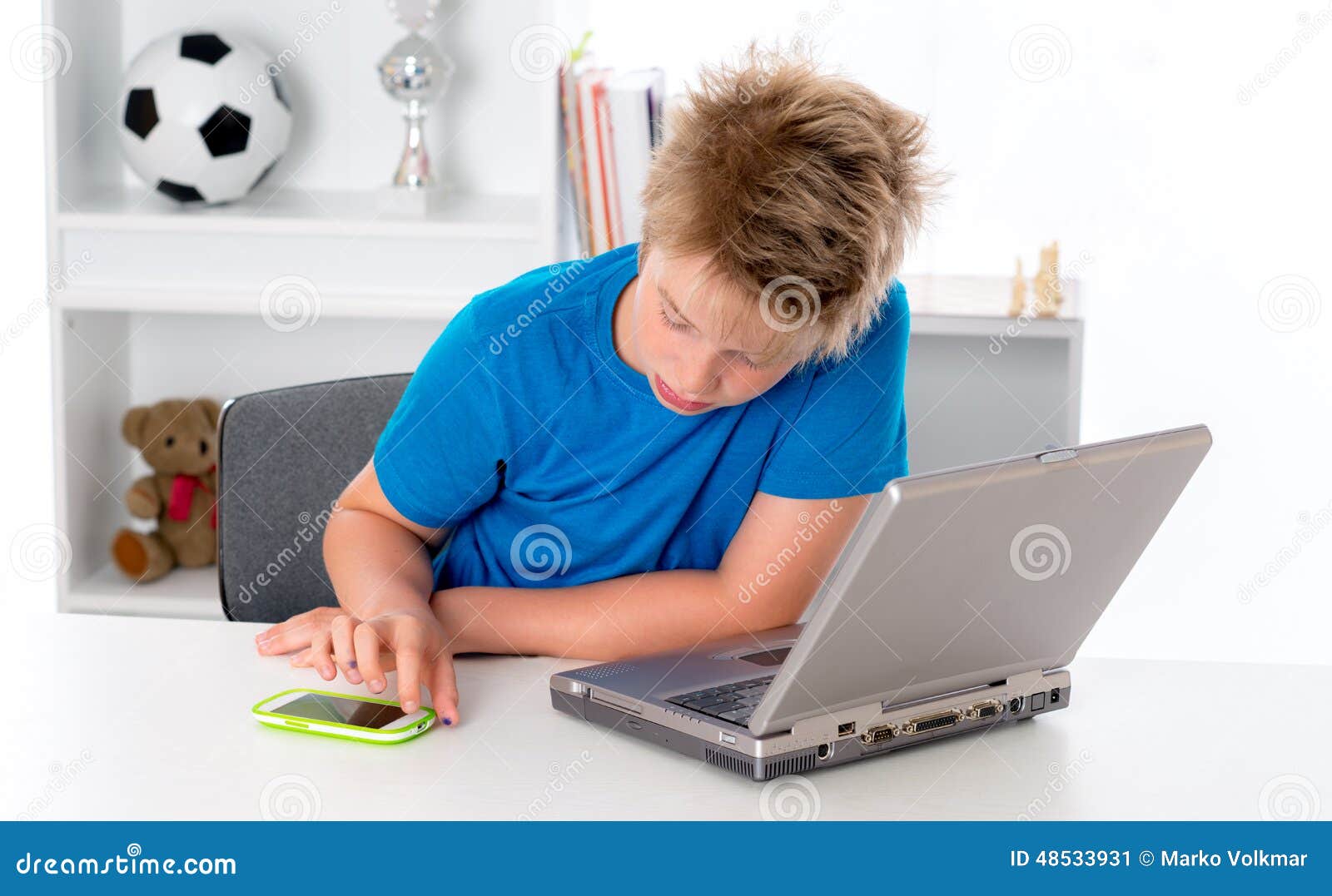 Boy is Using Smartphone and Computer Stock Image - Image of electronic ...