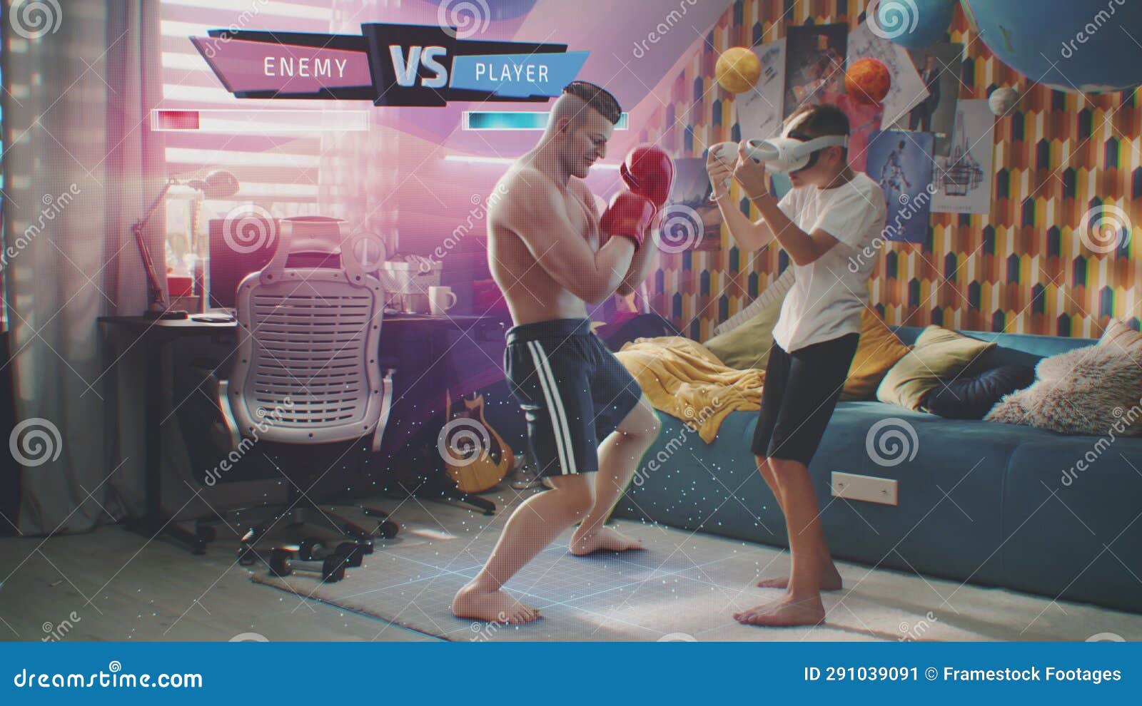 Young Gamer Fights with 3D Graphics Hologram of Boxer Stock Image ...
