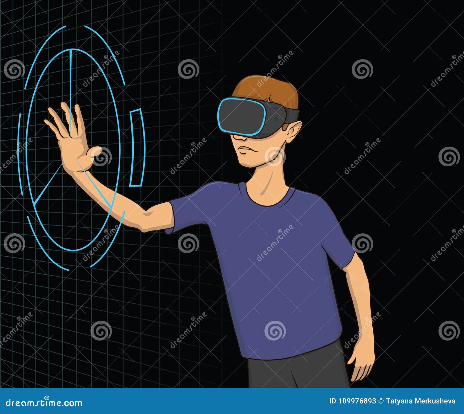Boy with VR Headset Working with Virtual Interface. Virtual Reality ...