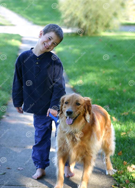 Boy Walking Dog stock image. Image of children, animals - 1314553