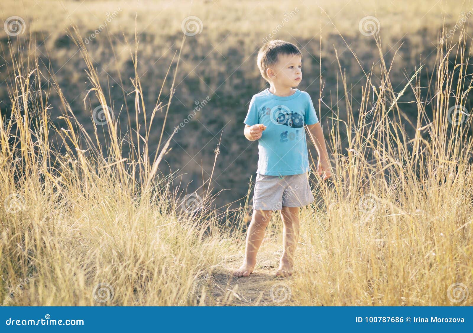 Boy Walking in the Field Barefoot Stock Photo - Image of nature, white ...