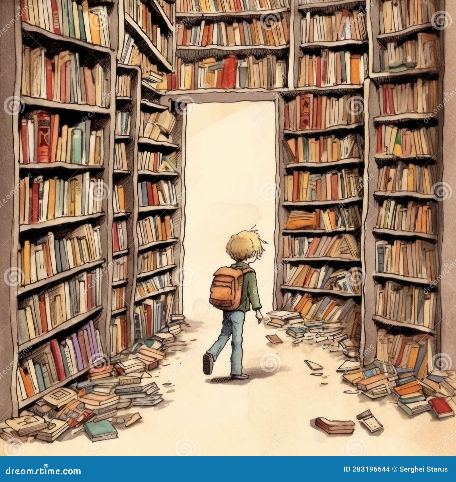 A Boy is Walking through a Library Full of Books. Generative AI Image ...