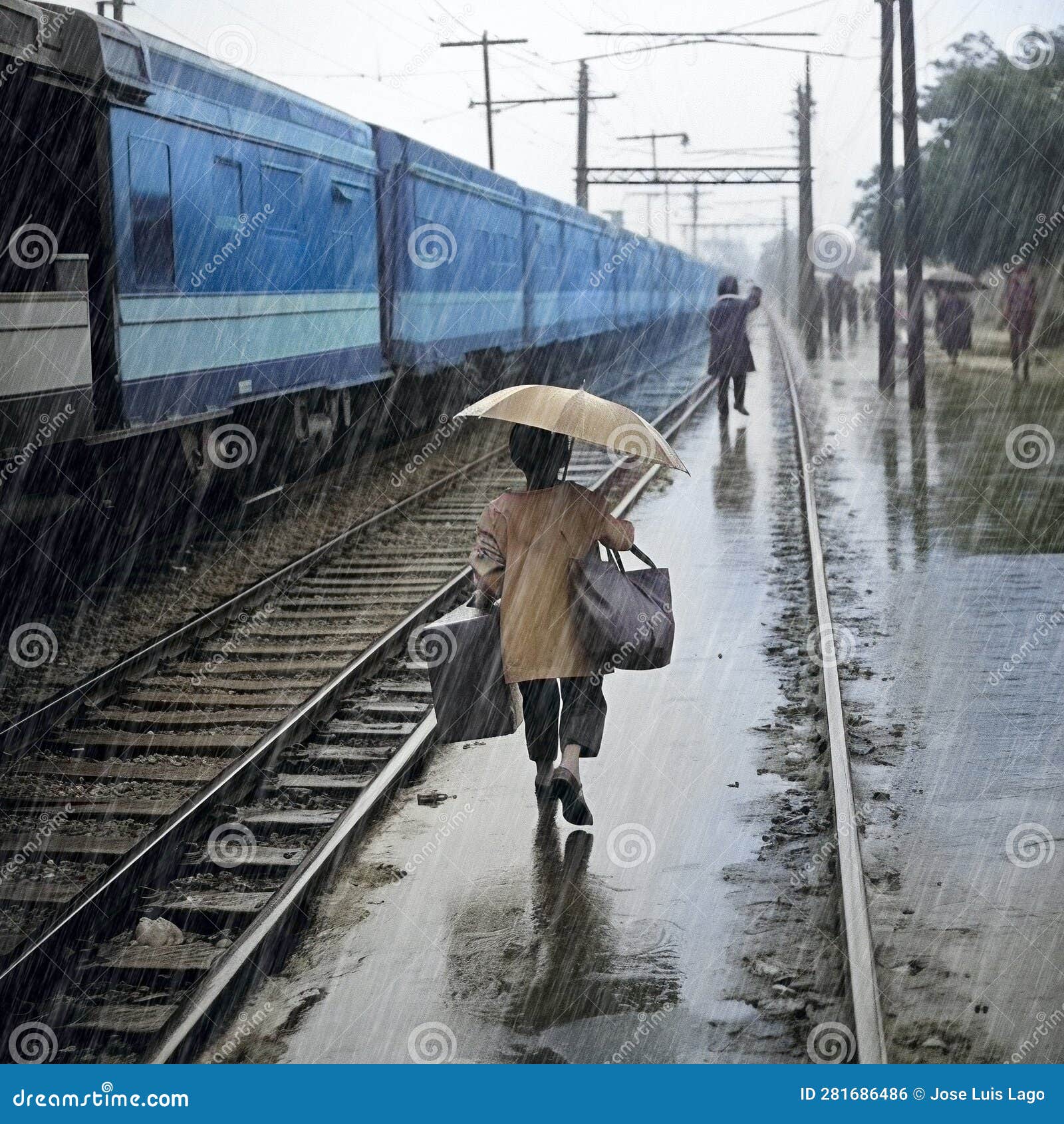 Boy Walking Next To the Train at the Station Umbrella in the Rain Stock ...