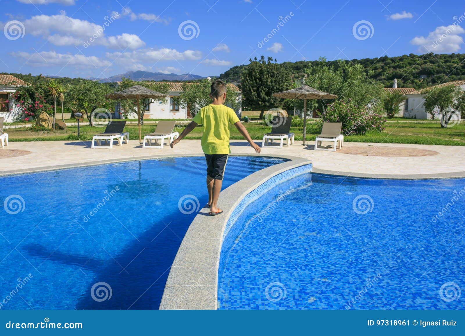 Boy Walking Over the Swimming Pool. Stock Image - Image of horizontal ...