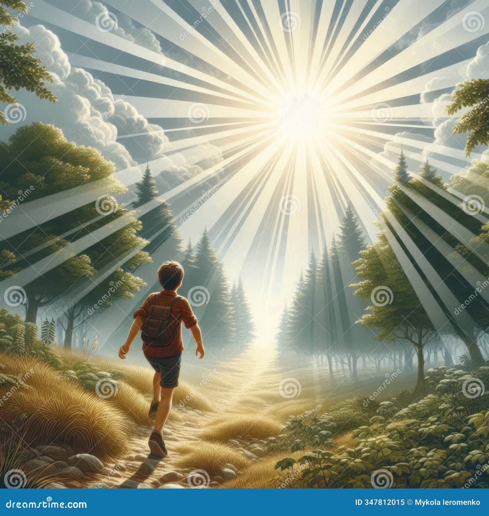 The Boy Walks Along the Path in the Forest To the Light. Stock Image ...