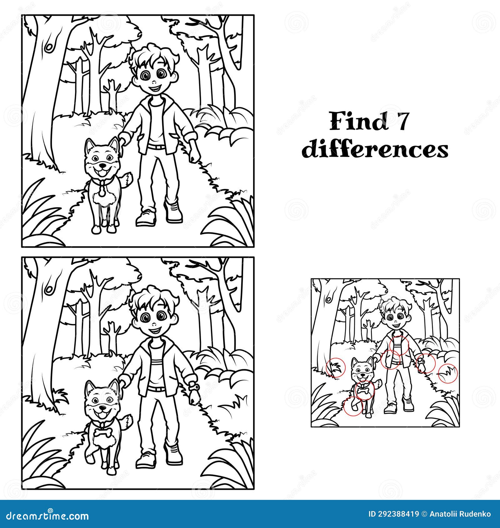 A Boy Walks with a Dog in the Forest. Find 7 Differences Stock Vector ...