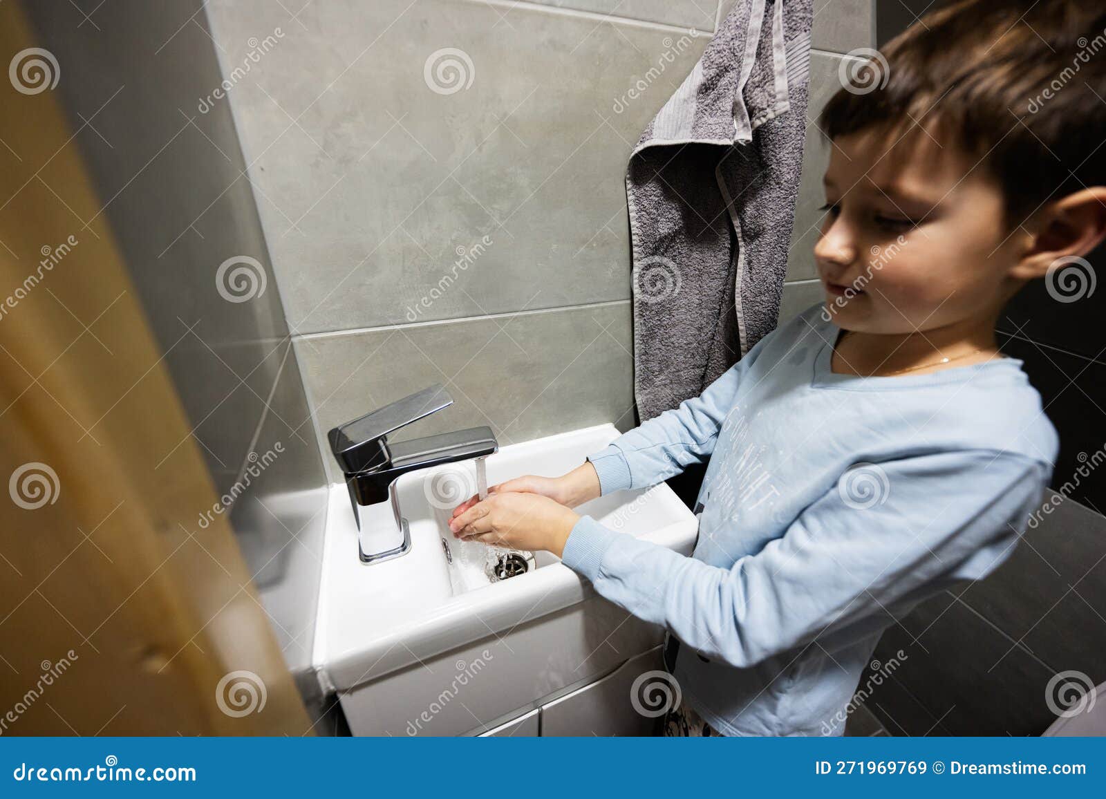 Boy Washes Hands in the Sink at Bathroom Stock Image - Image of sink ...