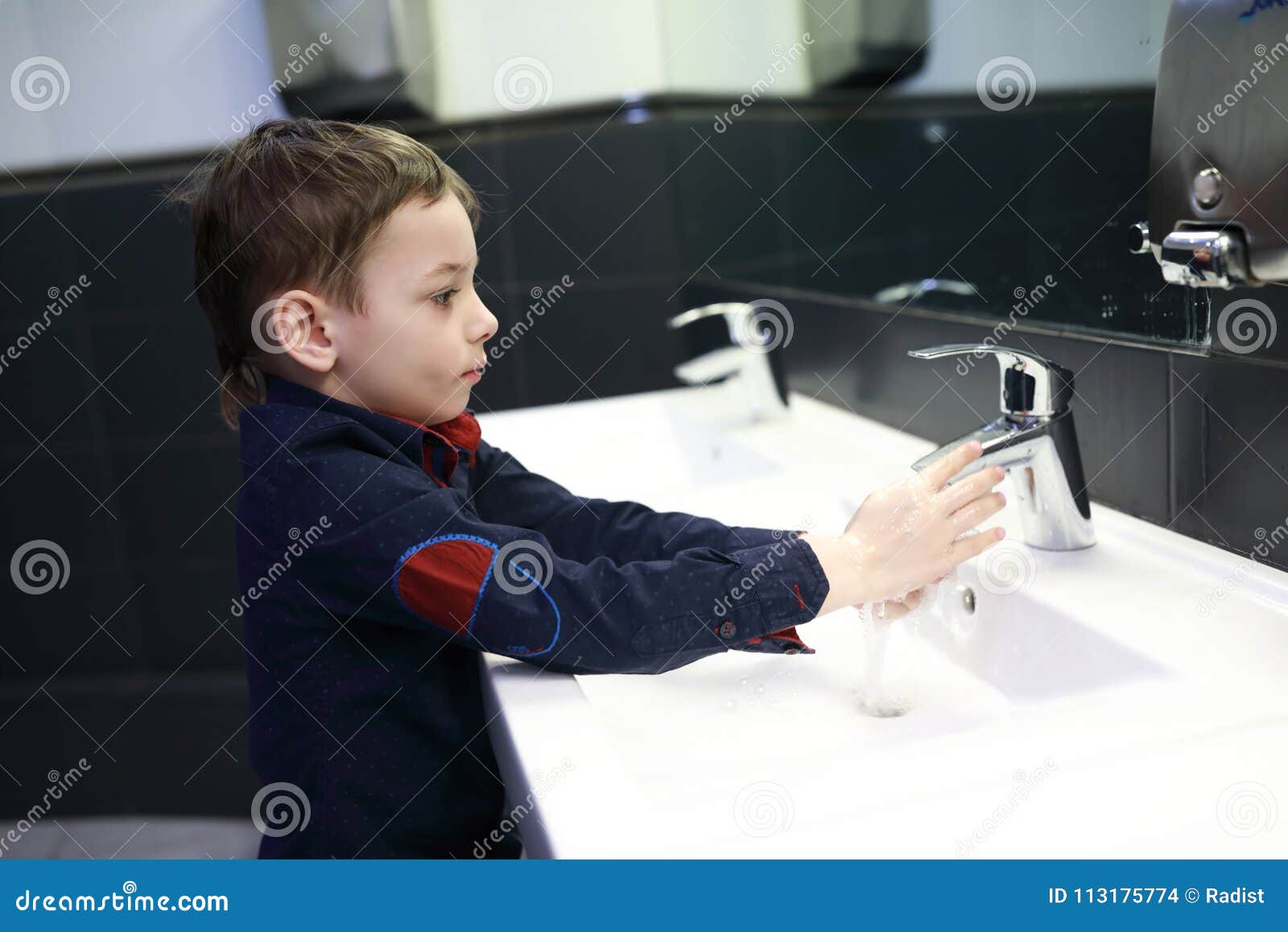 Boy washes his hands stock photo. Image of bacterial - 113175774
