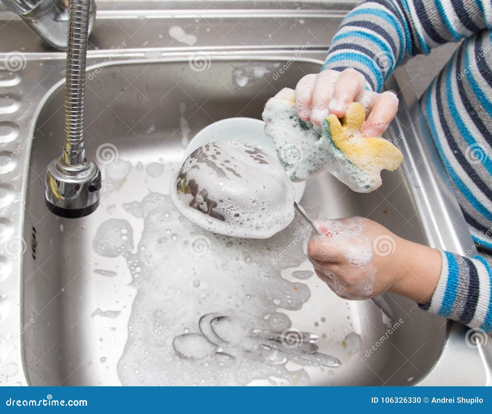 Boy Washing Dishes in the Kitchen Stock Photo - Image of clean, drain ...