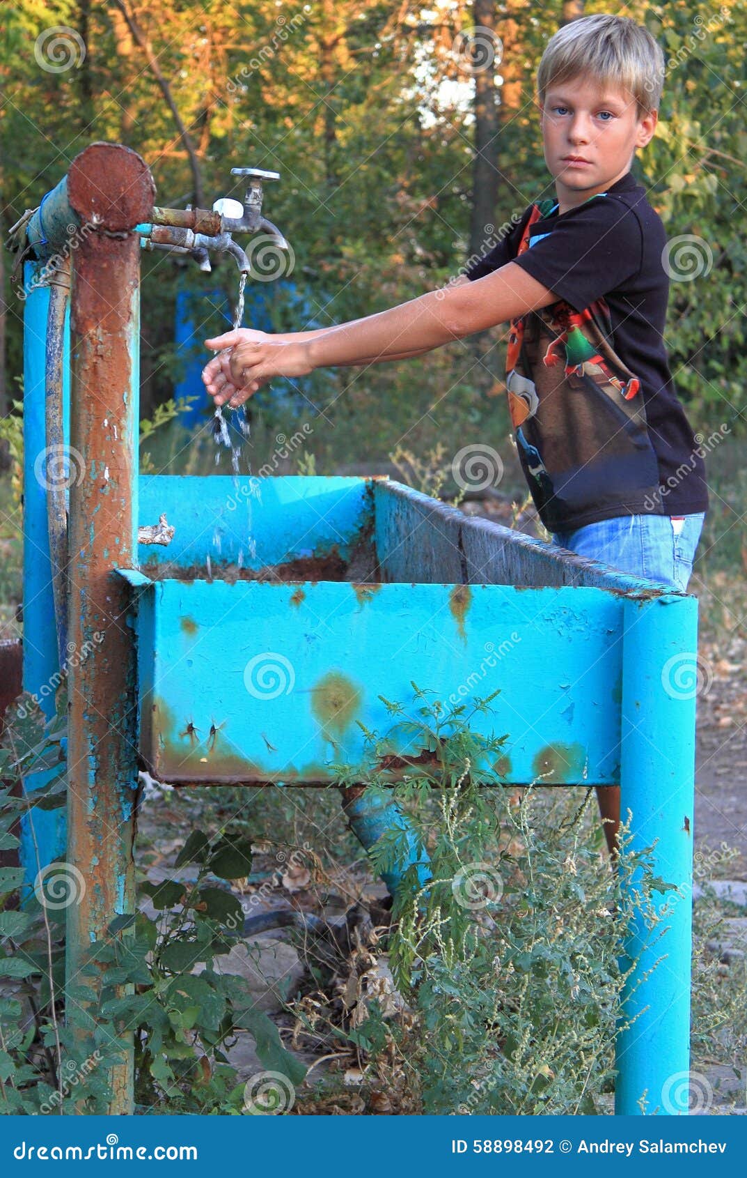 Boy is Washing Hands in Outdoor Wash Basin Stock Photo - Image of hand ...