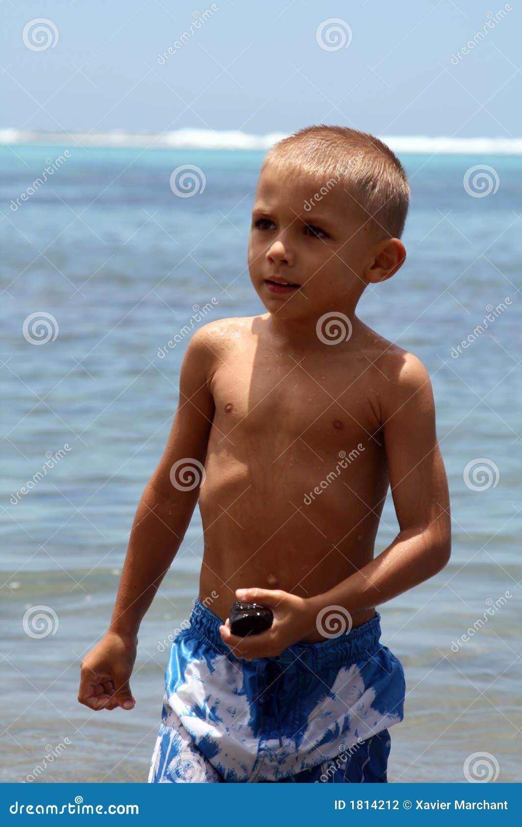 Boy in Water Holding a Rock Stock Photo - Image of shirt, sand: 1814212