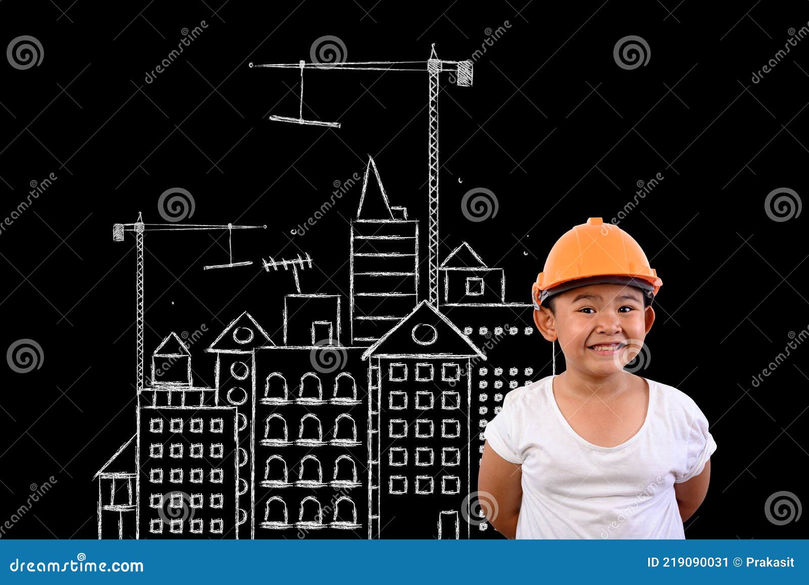 A Boy Wearing a Engineer Hat and a House Plan on a Blackboard Stock ...