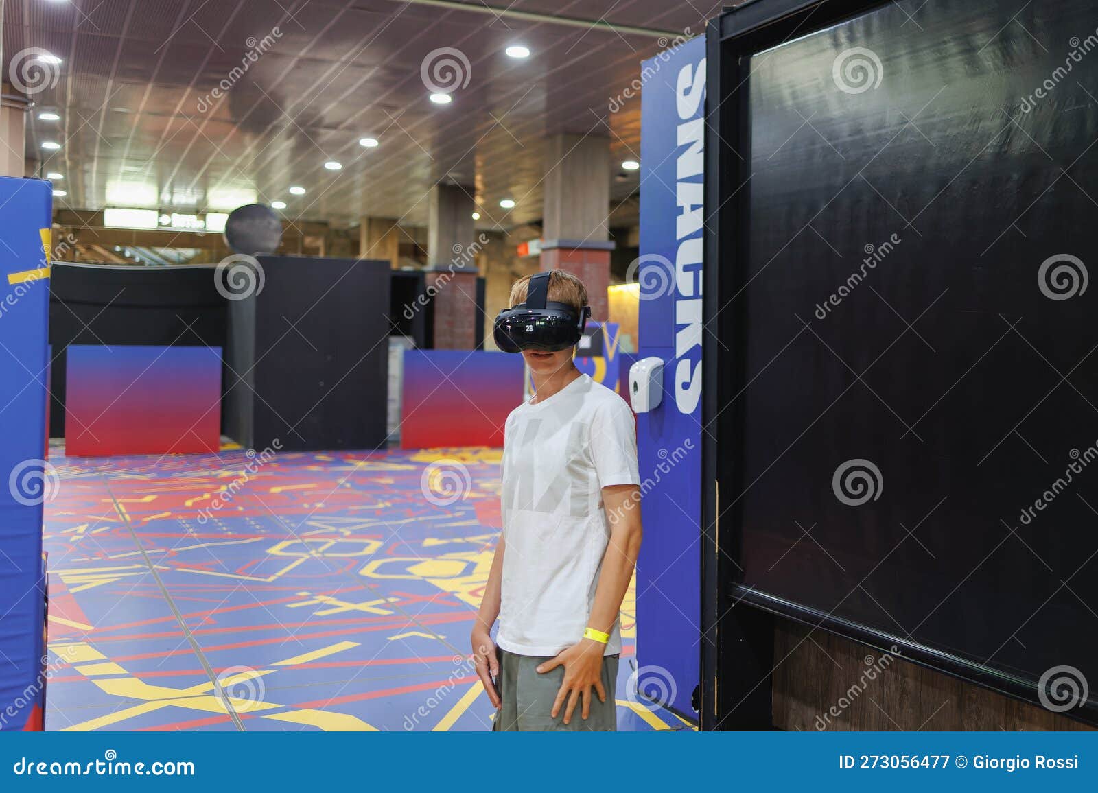Boy Wearing a Virtual Reality Visor Inside a Play Space Set Up for the ...