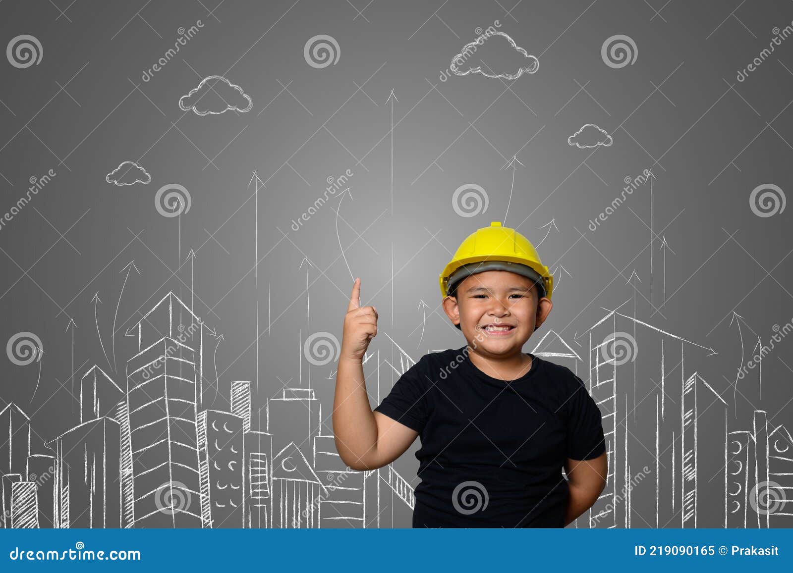 A Boy Wearing a Yellow Engineer Hat and a House Plan on a Blackboard ...