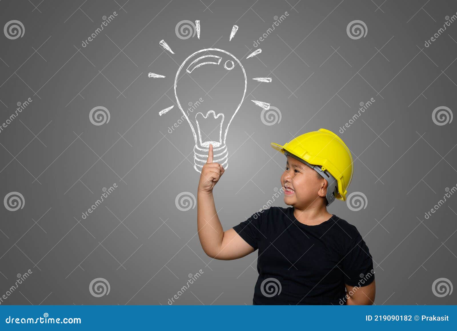 A Boy Wearing a Yellow Engineer Hat and a House Plan on a Blackboard ...