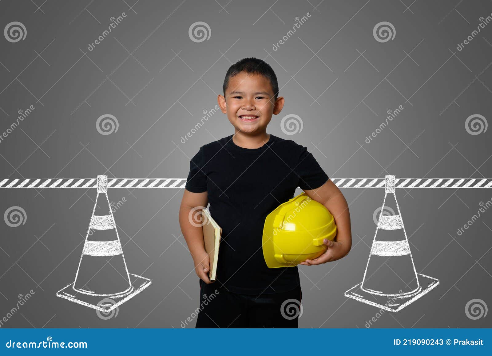 A Boy Wearing a Yellow Engineer Hat and a House Plan on a Blackboard ...