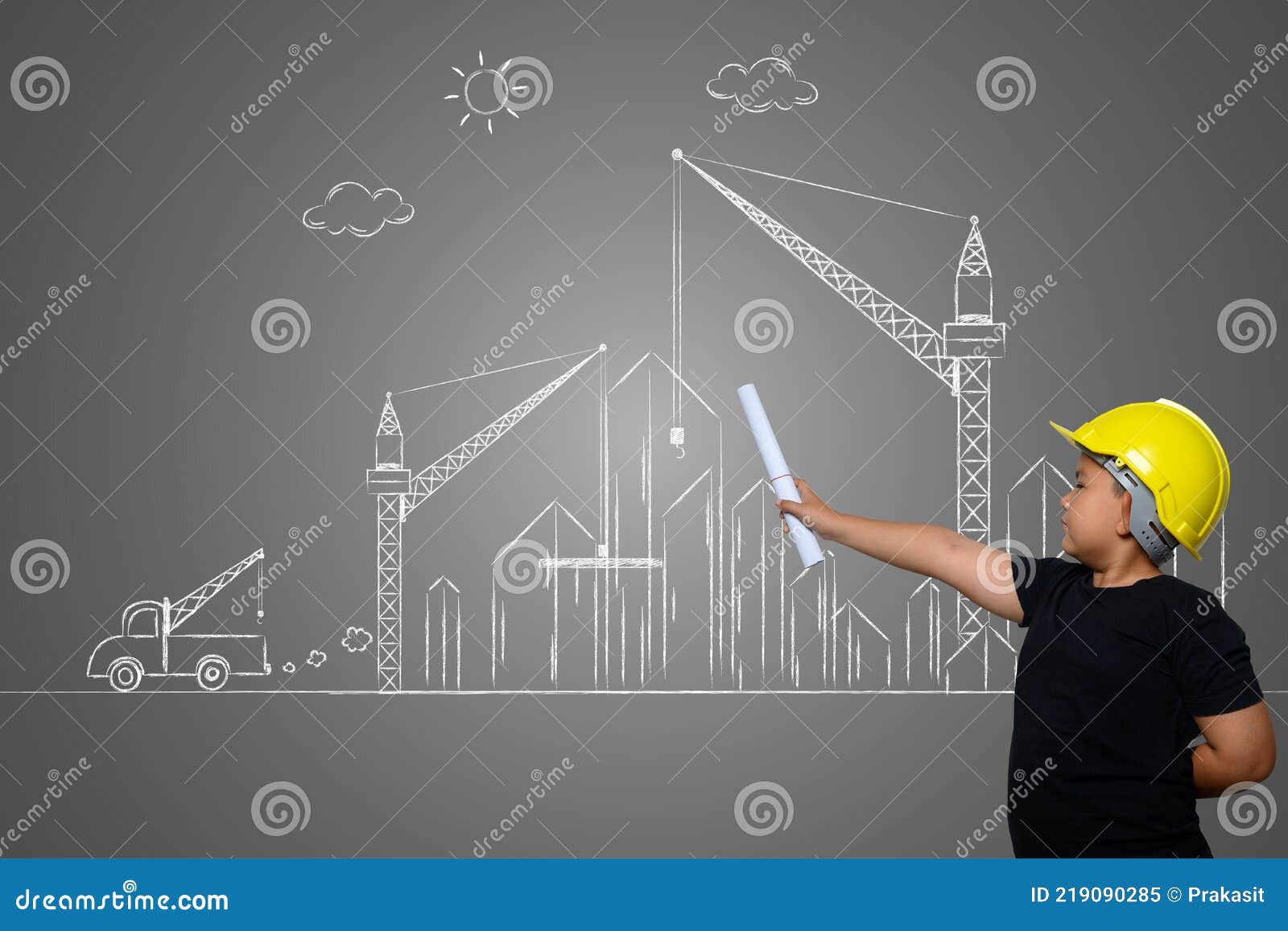 A Boy Wearing a Yellow Engineer Hat and a House Plan on a Blackboard ...