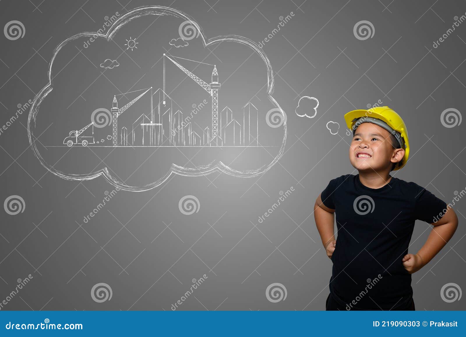 A Boy Wearing a Yellow Engineer Hat and a House Plan on a Blackboard ...